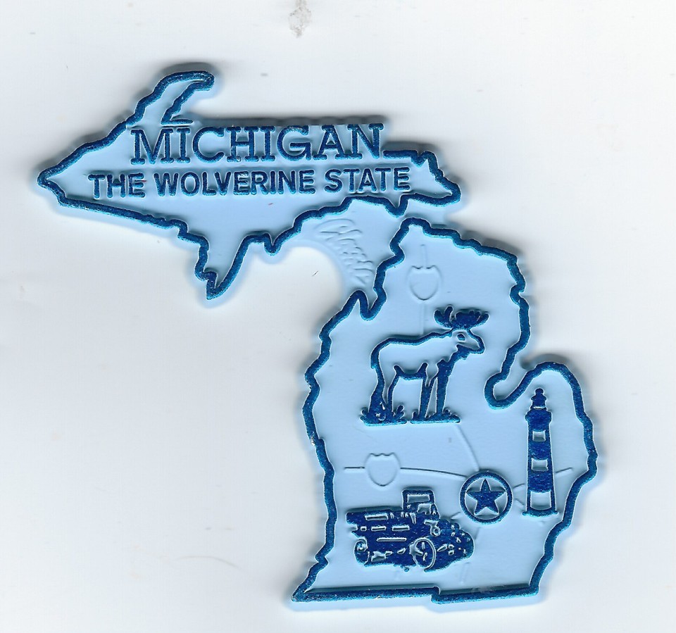 MICHIGAN "THE WOLVERINE STATE" OUTLINE MAP MAGNET in Souvenir Bag, NEW ...
