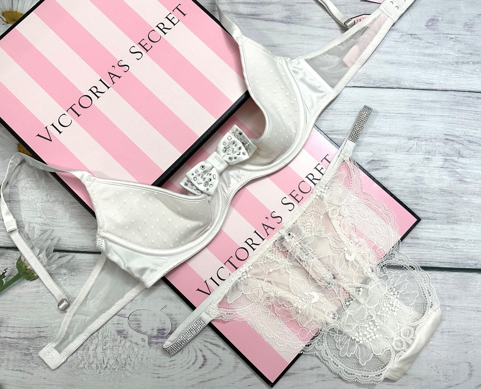Victoria's Secret Quarter 3/4 Semi Cup Rhinestone Bow Bra Cheeky Set ...