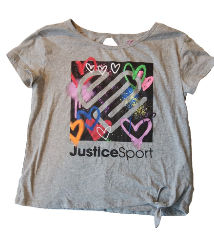 Justice Sport Girls Grey T-Shirt Open Back Tie Bottom Hearts Large 12/ ...