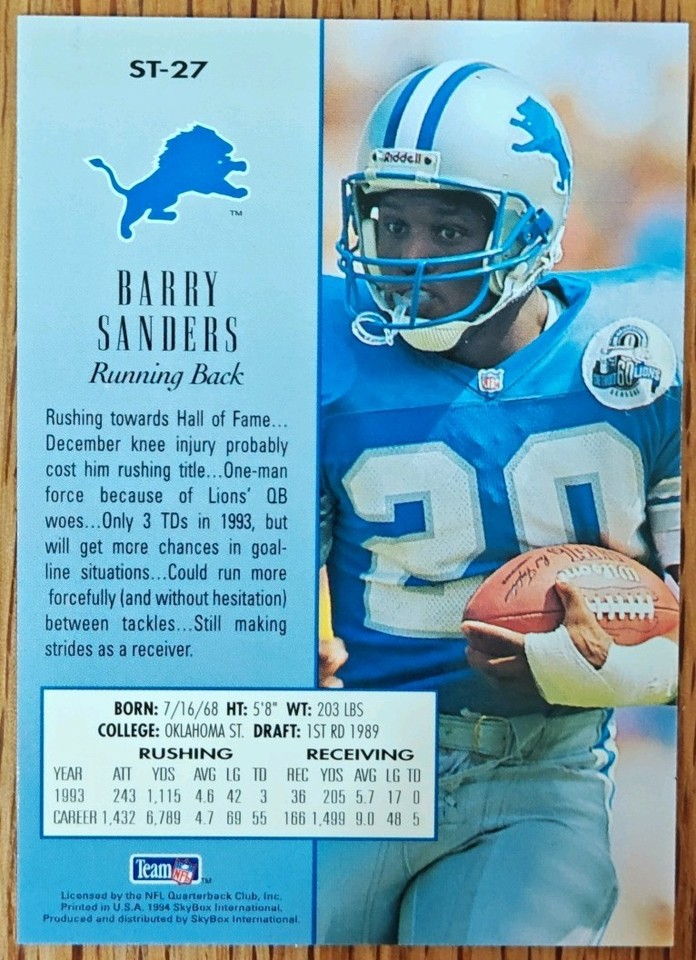 1994 Skybox Premium Barry Sanders #ST-27 | eBay