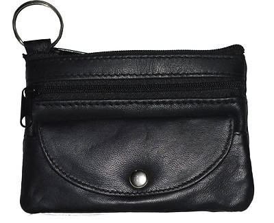 Black Leather Coin Purse Mini Wallet Key Pouch 2 Zippered Sections ID ...