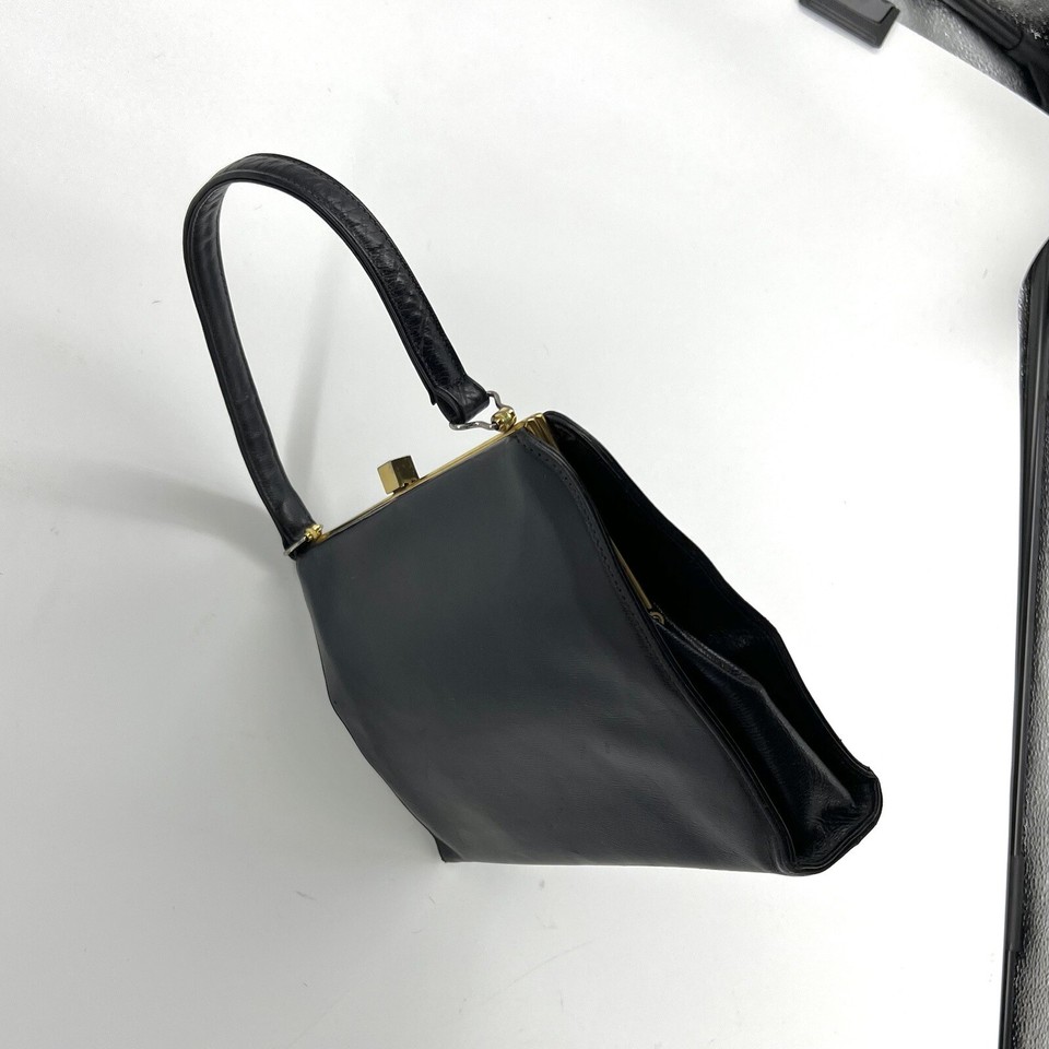 Vintage Leather Kelly Hand Bag 50s 60s Navy Black Gold Mods Gold Clasp ...