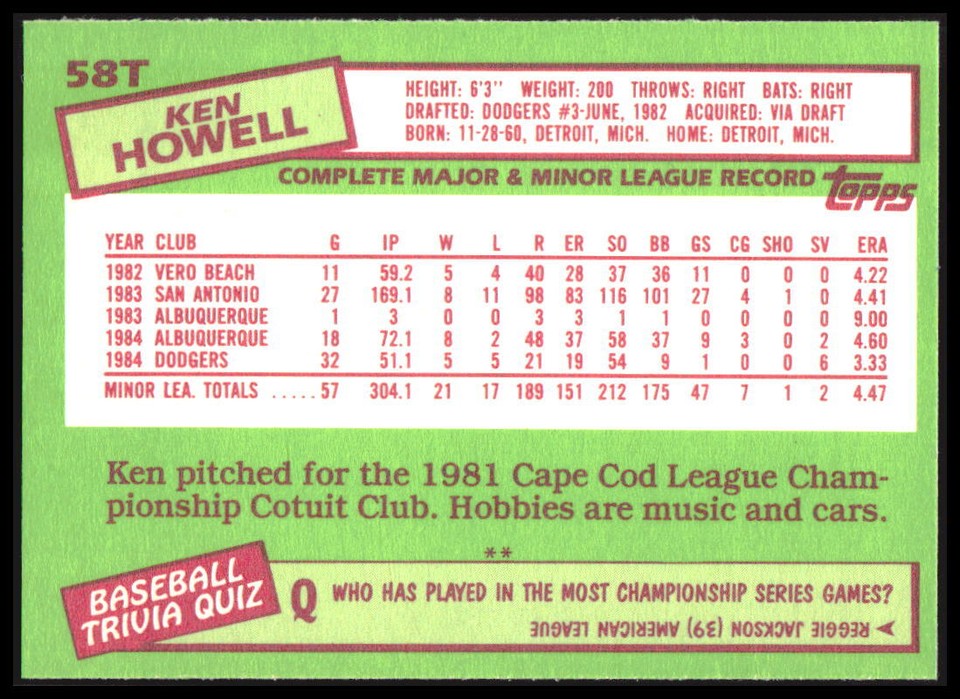 1985 Topps Traded Ken Howell #58T Los Angeles Dodgers 5K | eBay