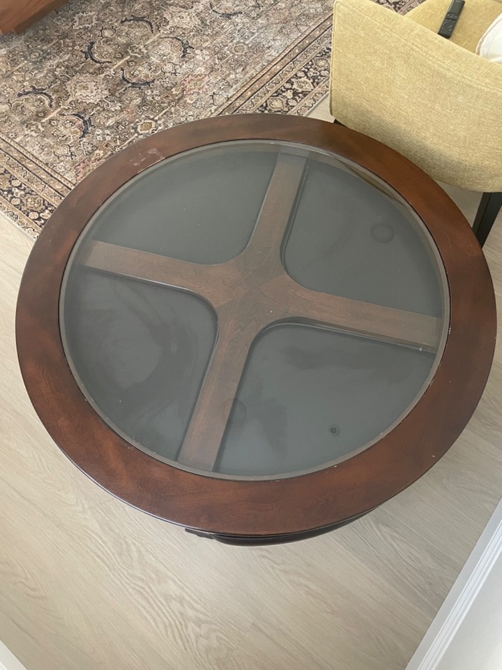 Brown Coffee Table with leather pull out stools. Used | eBay