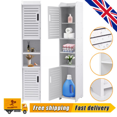Tall Bathroom Cupboard White Storage Cabinet Slim Narrow Drawers Door ...