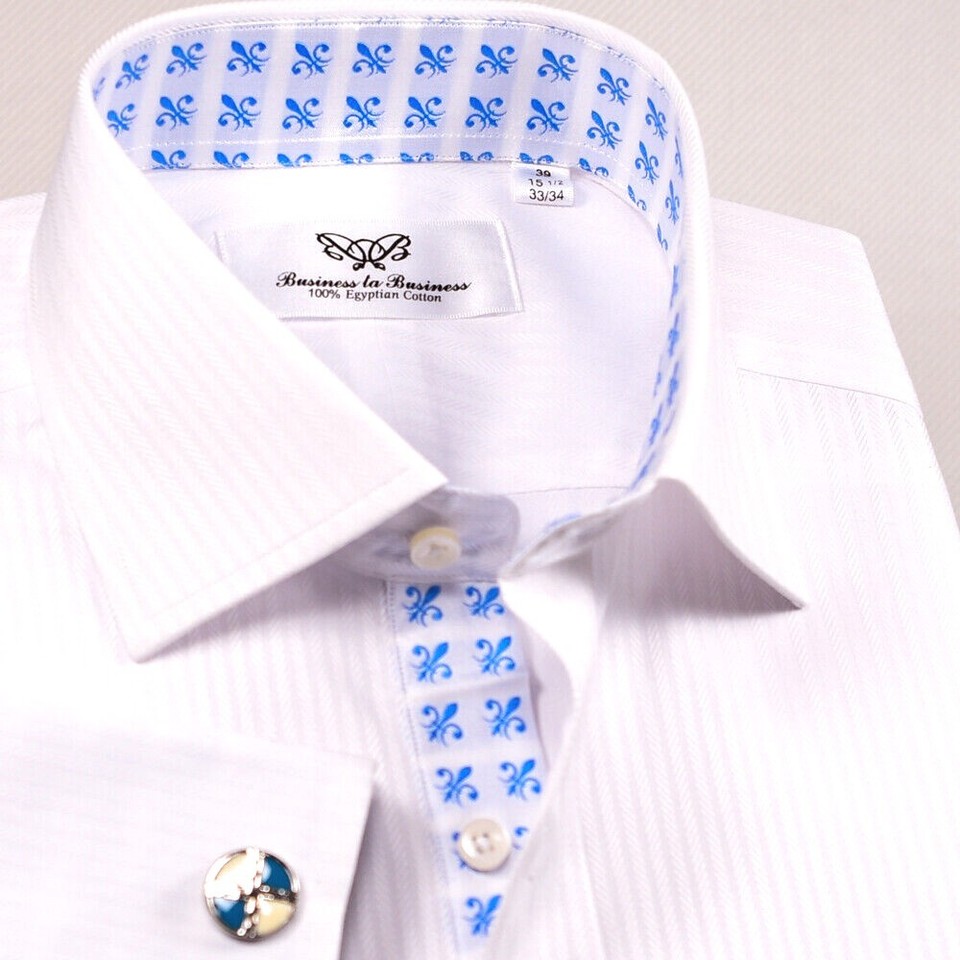 White Mini Herringbone Dress Shirt With Blue Fleur-de-lis Inner Lining ...