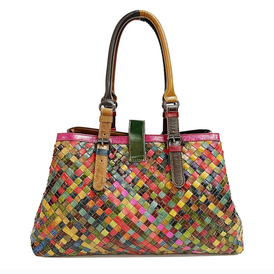 Womens Multi-color Leather Hand-woven Handbag Shoulder Messenger Bags ...