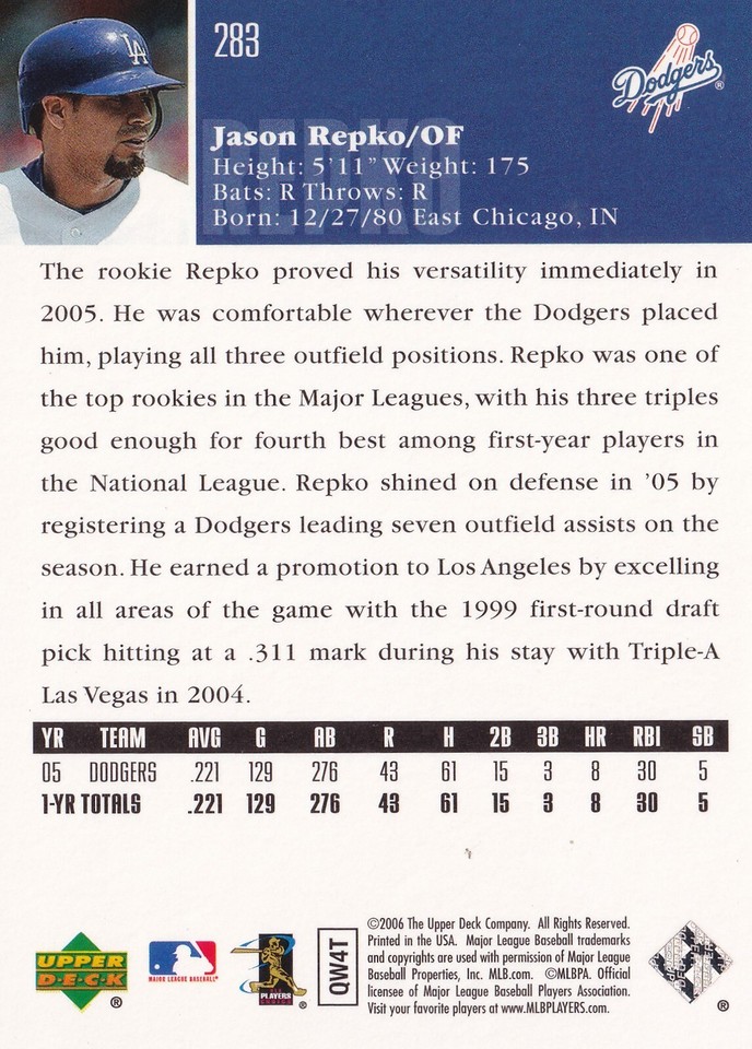 JASON REPKO SIGNED AUTO'D 2006 UPPER DECK CARD 283 LOS ANGELES DODGERS ...