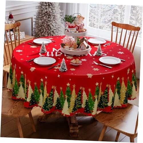 Christmas Tablecloth 70x70 Inch Round, Red Merry Christmas Trees 70 ...