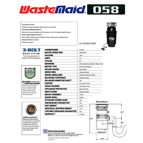 Waste Maid 1/2 HP Economy Kitchen Garbage Disposal, Attached Power Cord ...