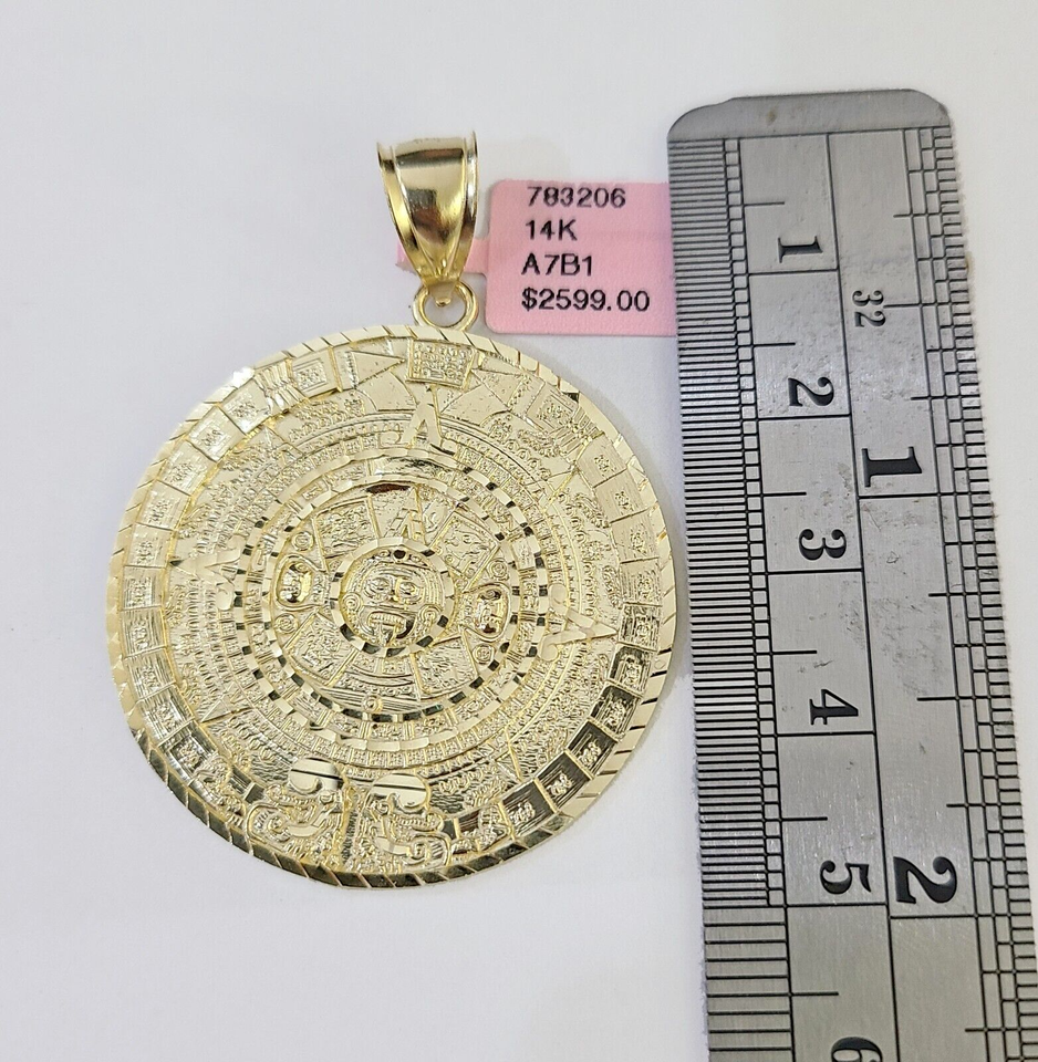 SOLID Real 14k Gold Charm Pendant Aztec Mayan Calendar 2" Men's Round ...