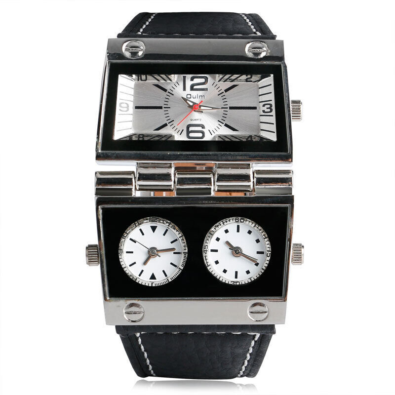 Oulm Men's Three Time Zones Watches Big Square Dial Leather Strap Wrist ...