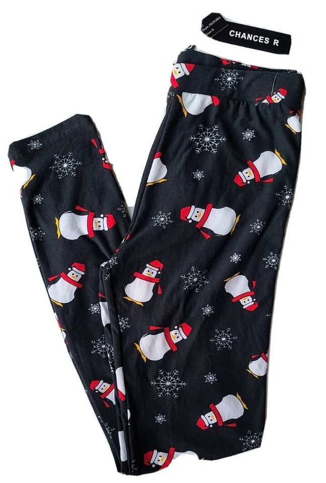 Womens Penguin Leggings Santa Hat Christmas Black Snowflakes S XL ...