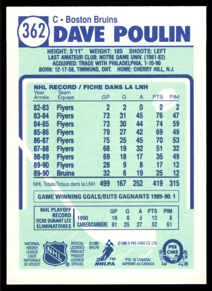 1990-91 O-Pee-Chee Dave Poulin . Boston Bruins #362 | eBay