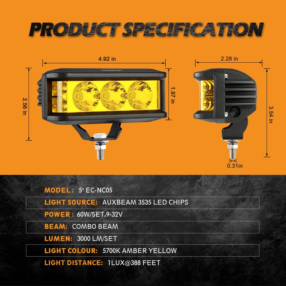 5 INCH LED LIGHT BAR SQUARE SIDE SHOOTER LED POD LIGHTS AMBER YELLOW ...