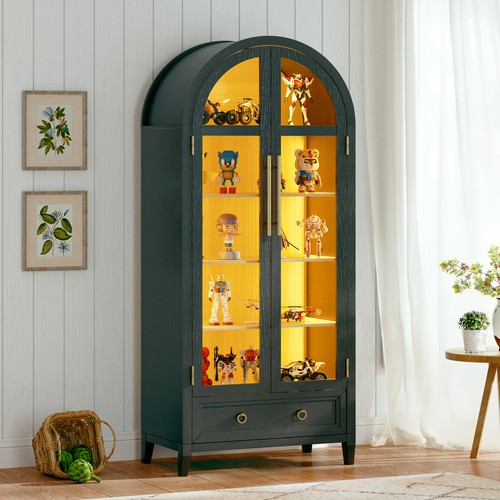 Arch Display Cabinet with Glass Doors, 4-Tier Curio Cabinet Adjustable ...