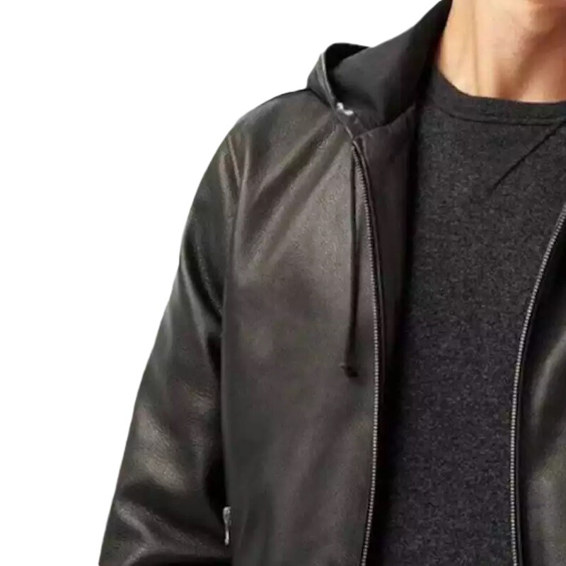 Men's Black Leather Hoodie Jacket Genuine Lambskin Leather Bomber Biker ...