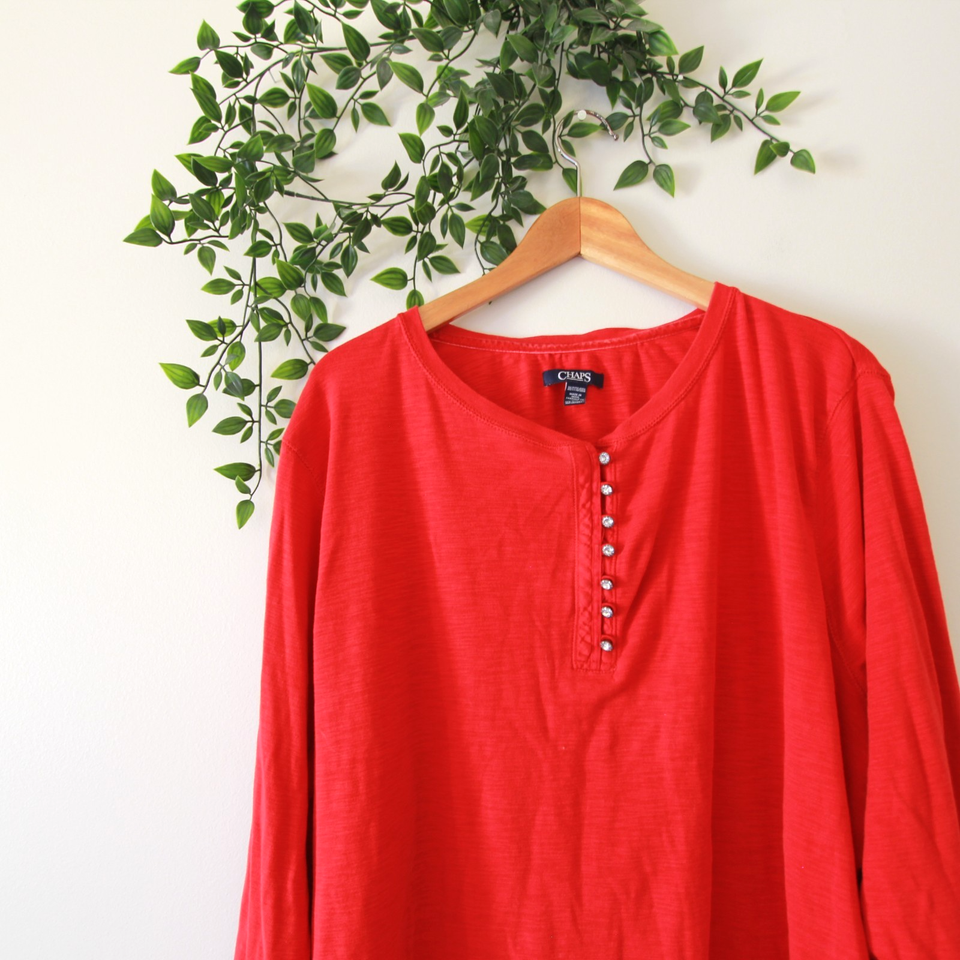 Chaps Women's Plus Size 3X Red Rhinestone Button Holiday Henley Long ...