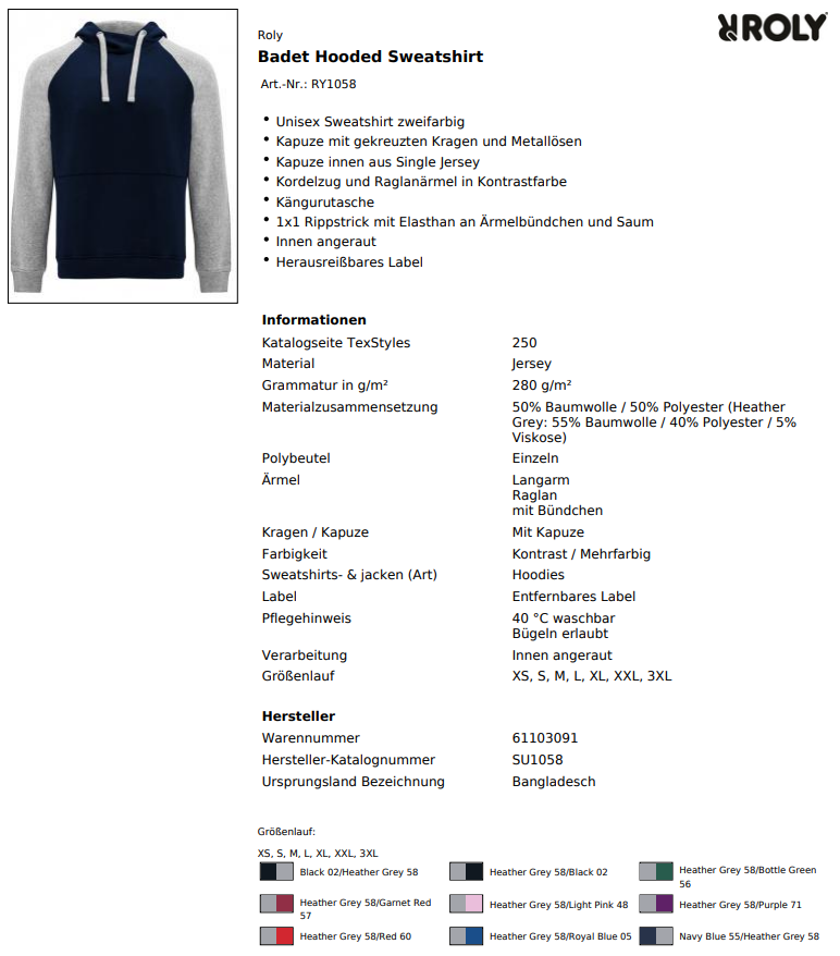 Roly Badet Hooded Sweatshirt RY1058 Herren Damen Hoodie zweifarbig ...