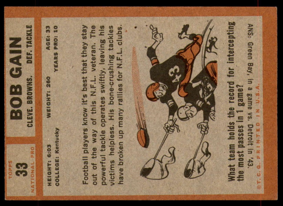 1962 Topps #33 Bob Gain Excellent+ Browns ID:241963 | eBay