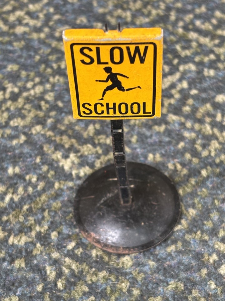 Vintage 1950's Tin Toy Tonka Sign SLOW SCHOOL Orange and Black 4 1/2 ...