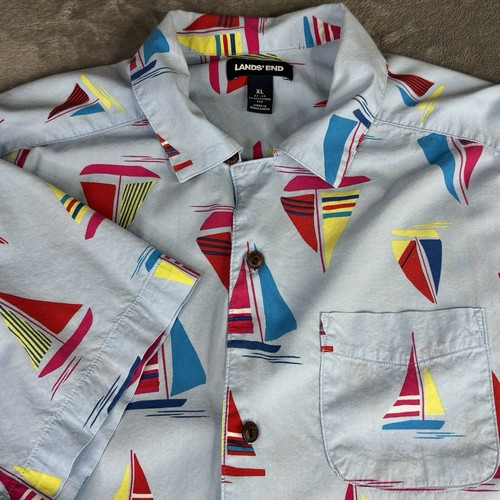 Lands End Shirt Mens XL 46-48 Sail Boats Nautical Blue Button Up Short ...