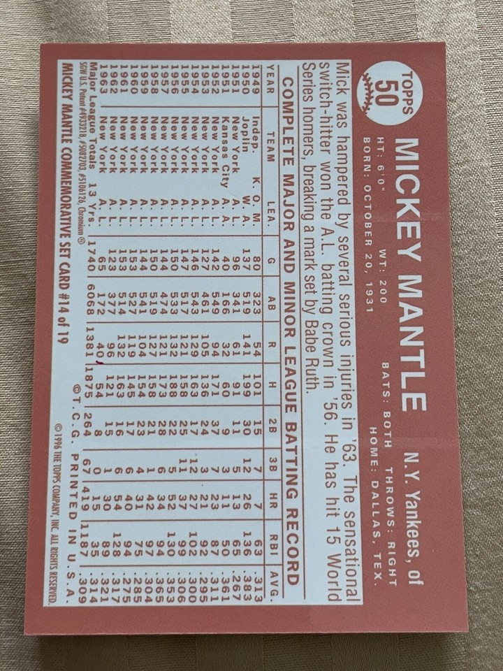 1996 Topps Finest MICKEY MANTLE REFRACTOR w coating 1964 reprint #14 ...