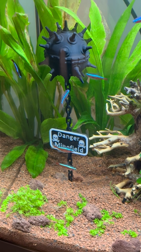 Floating aquarium sea mine with a danger sign, fish tank decoration ...