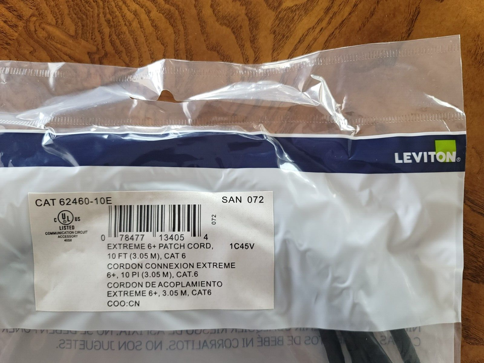 Leviton Extreme Cat 6+ SlimLine Patch Cord, Black 10 Ft | 62460-10E ...