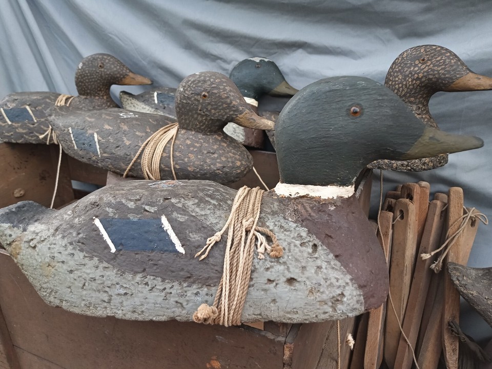 Antique Rig 11 Cork Wood Duck Decoys Decoy w Crate George Klebber St ...