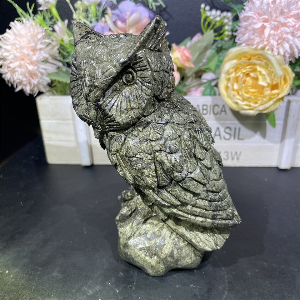 3.3LB 5.8"A+Natural Pyrite Owl Statue Crystal Reiki Carving Heal Quartz ...