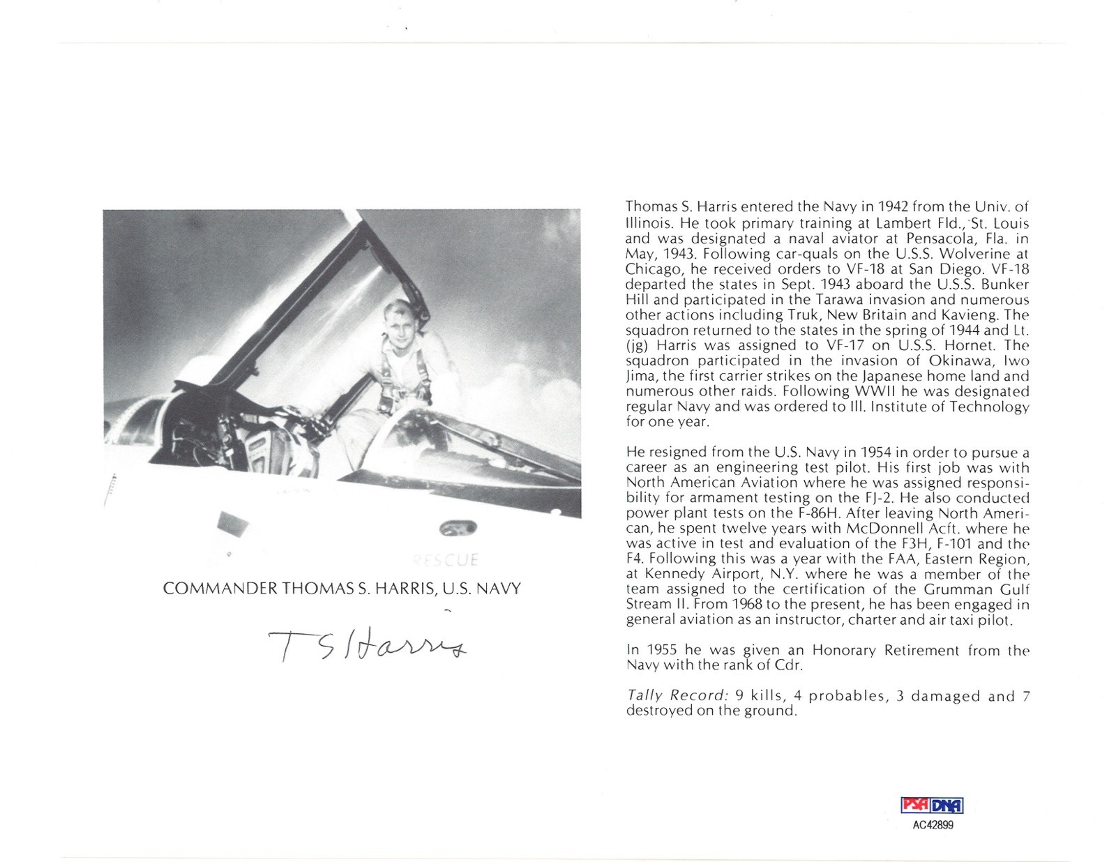 THOMAS HARRIS SIGNED 8X10 (D) PSA DNA AC42899 WWII ACE 9V | eBay