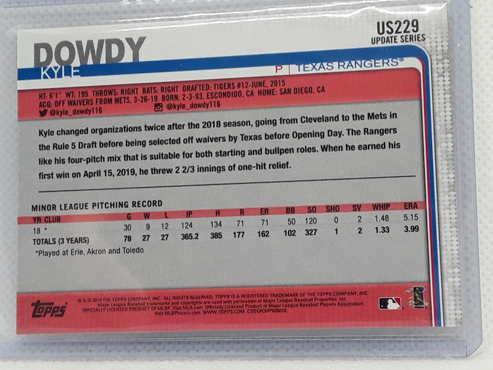 Kyle Dowdy 2019 Topps Update Baseball RAINBOW FOIL #US229 Texas Rangers ...