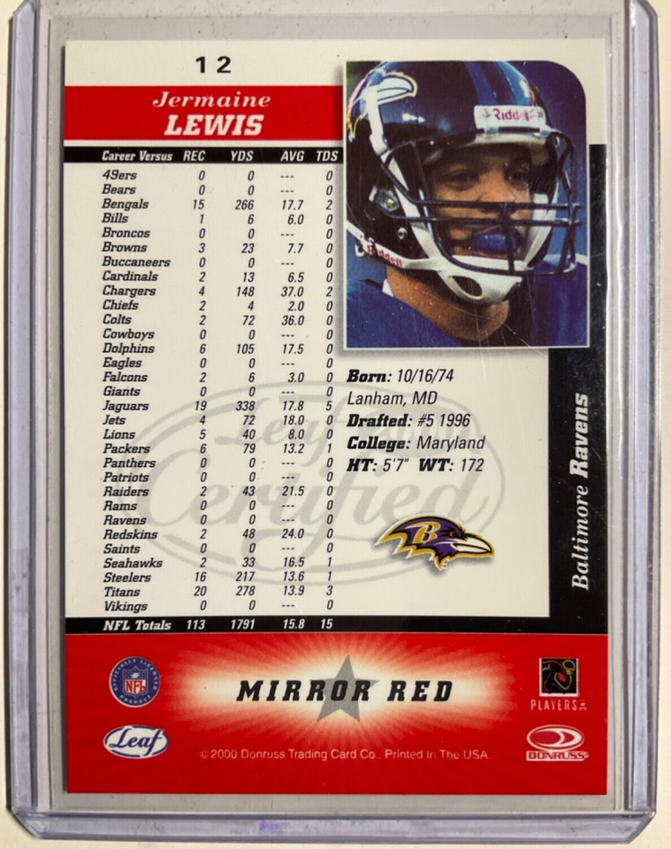 2000 Leaf Certified Mirror Red Ravens Football Card #12 Jermaine Lewis ...