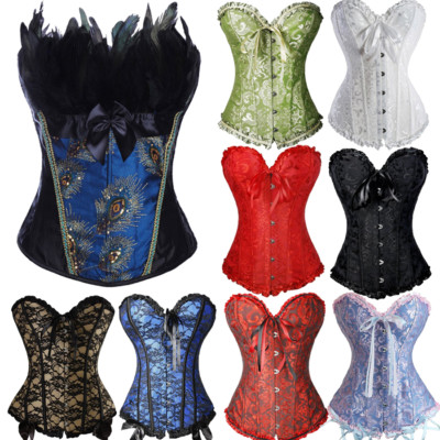 Women Black Overbust Boned Corset Burlesque Basque Top Lace-Up Costume ...