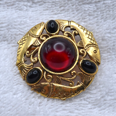 Vatican Library Collection Gold Tone, Red Cabochon Brooch w/ Fish ...