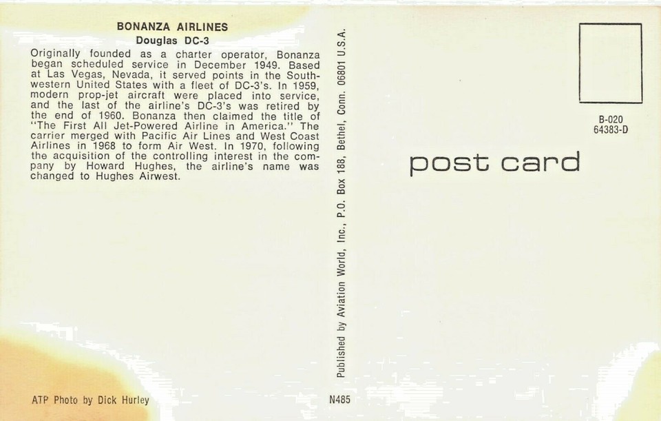BONANZA AIRLINES DOUGLAS DC-3 Airplane Postcard | eBay