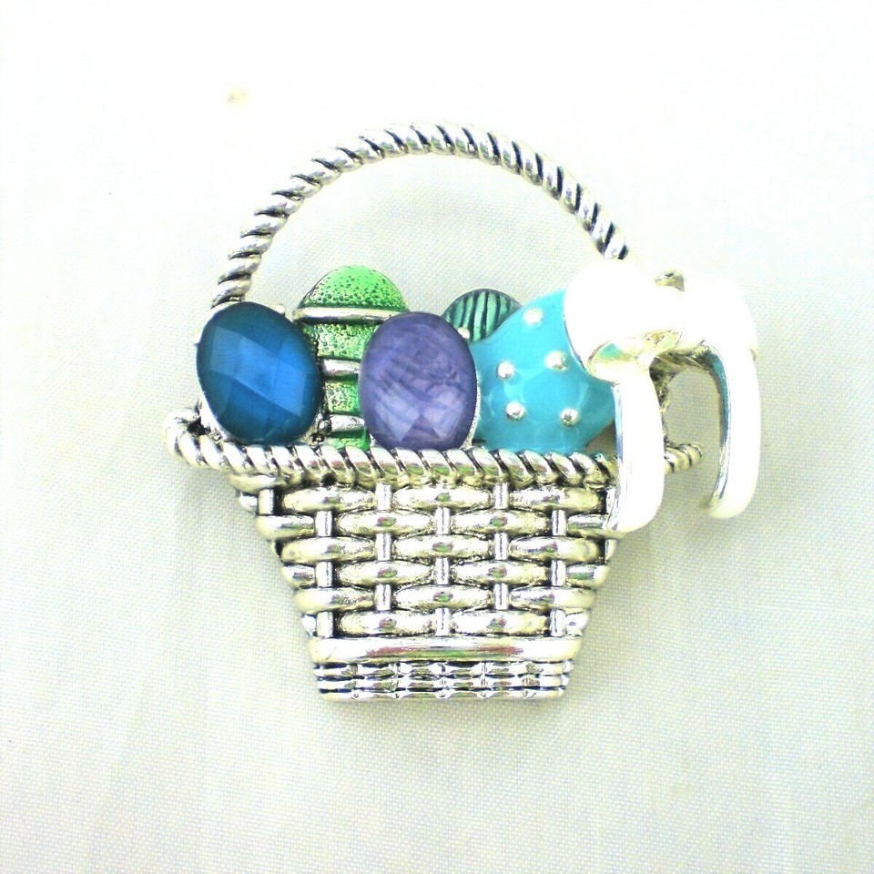 Napier Easter Basket Brooch Pin NEW Silver Tone Jeweled Enameled Eggs ...