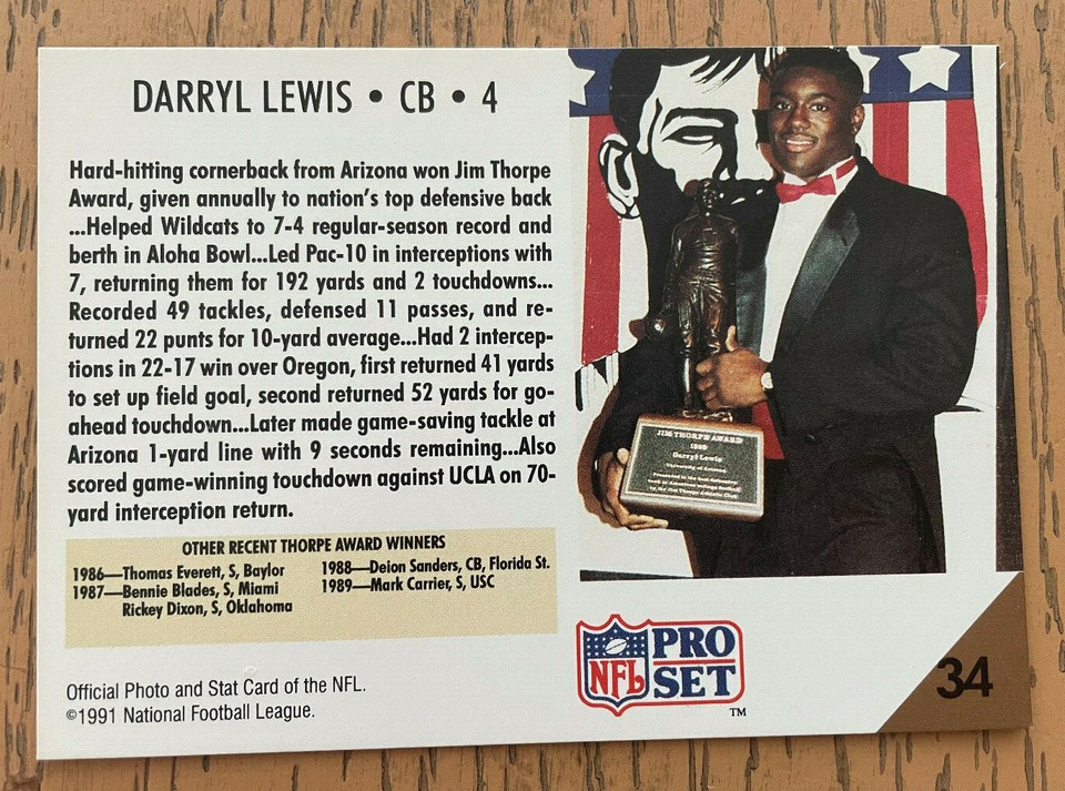 Darryl Lewis Pro Set Trading Card #34 1991 Arizona Wildcats Jim Thorpe Award NFL | eBay