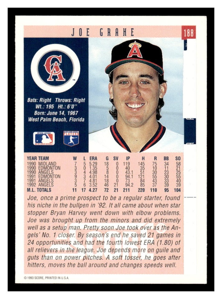 1993 Score #188 Joe Grahe - California Angels | eBay