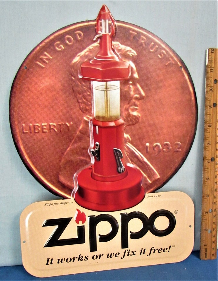 Zippo Lighter ~ Embossed Tin Sign ~ 1¢ Fluid Fill Up ~ Coin Operated ...