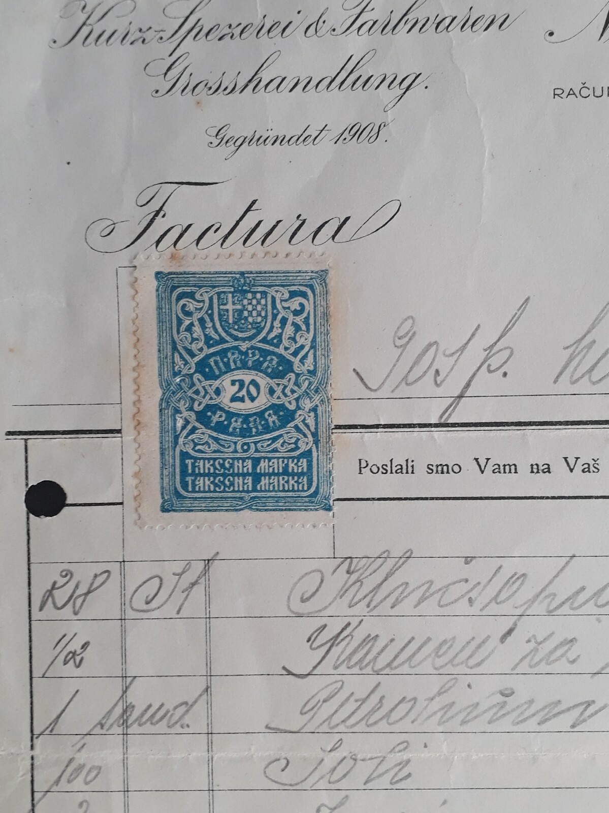 RARE 1929 Serbia Invoice Document with 20P Tax stamp affixed | eBay