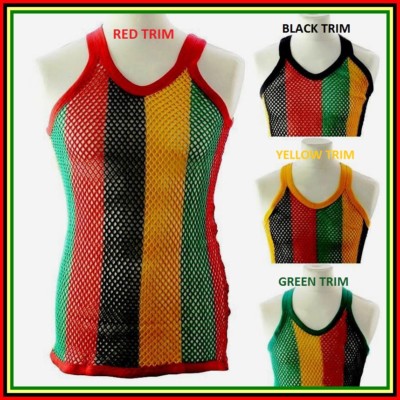MENS & LADIES 100% COTTON FITTED STRING FISHNET MESH VEST RASTA JAMAICA ...