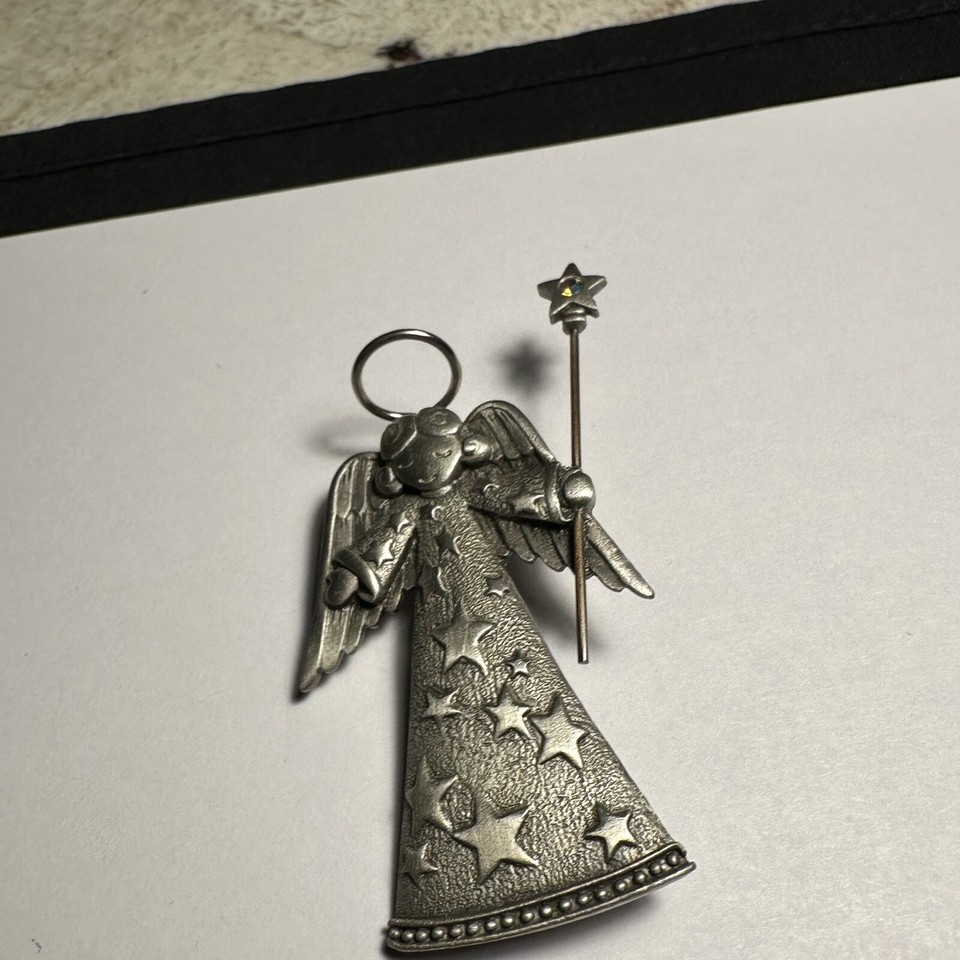 Signed JJ Angel Holding Rhinestone Star Scepter Brooch Pin Pewter Tone ...