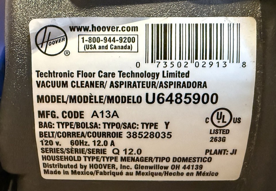 Hoover Windtunnel Self Propelled Bagged Vacuum Cleaner ~ Model U6485900 ...