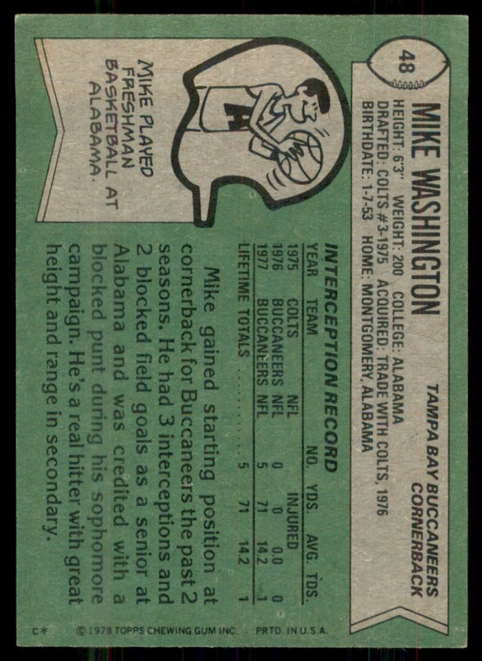 1978 Topps Mike Washington Rookie Tampa Bay Buccaneers #48 | eBay
