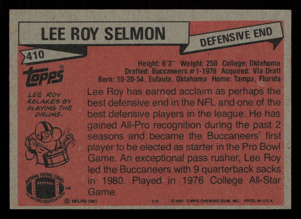 1981 Topps #410 Lee Roy Selmon Tampa Bay Buccaneers Football Card | eBay