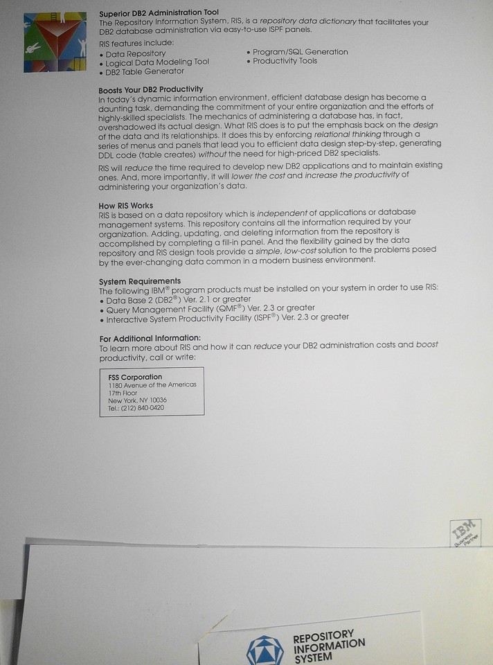 Repository Information System Press Kit [1989] - tools for IBM DB2 ...