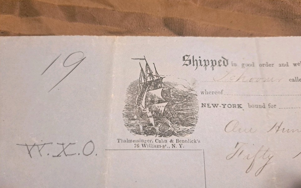ORIG TCB NYC 1857 SHIP WAYBILL SCHOONER MARY ELIZABETH NYC TO ORANGE ...