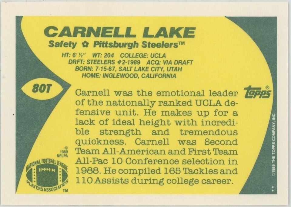 1989 Topps Traded Carnell Lake Rookie Pittsburgh Steelers RC #80T | eBay